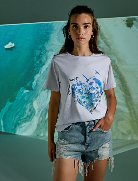 Koton Kadın Marmara Temalı Baskılı Tişört Pamuklu