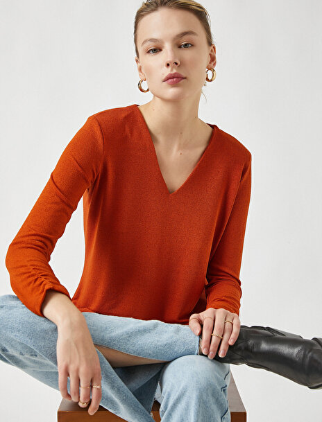 Koton Kadın V Yaka Uzun Kollu Tişört Kolları Büzgülü