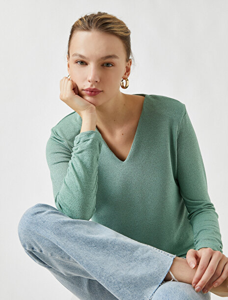 Koton Kadın V Yaka Uzun Kollu Tişört Kolları Büzgülü