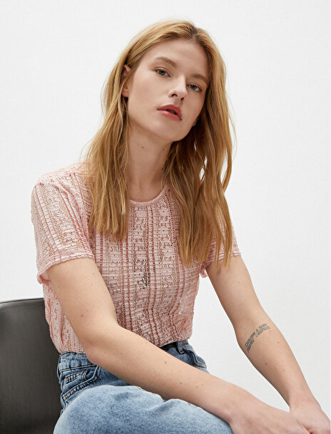Koton Kadın Dantel Tişört Kısa Kollu Bisiklet Yaka
