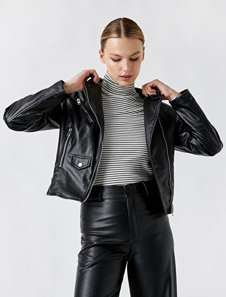 Koton Kadın Deri Görünümlü Fermuarlı Cepli Ceket