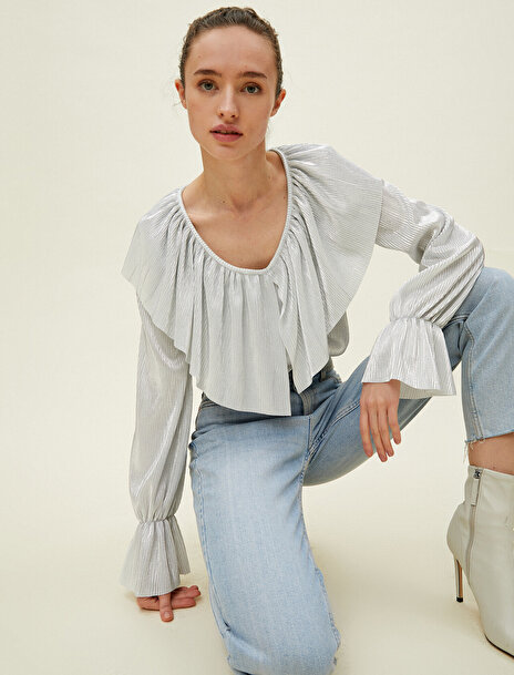 Koton Kadın V Yaka Volanlı Metalik Uzun Kollu Bluz