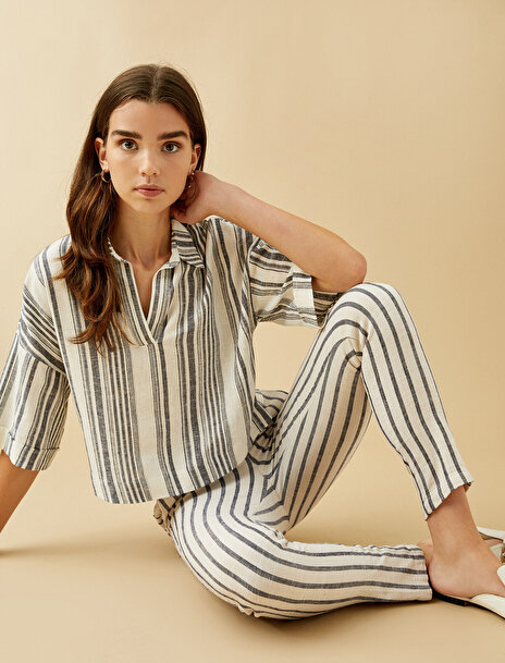 Koton Kadın Çizgili Pantolon Pamuklu Cepli