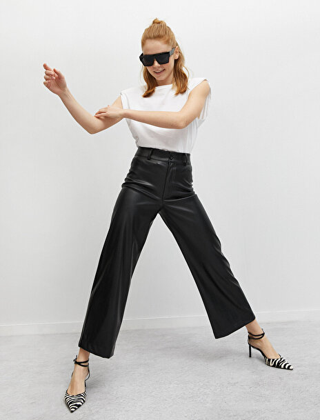 Koton Kadın Deri Görünümlü Geniş Paça Pantolon