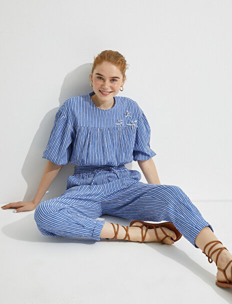 Koton Kadın Çizgili Pantolon Belden Bağlamalı Pamuklu