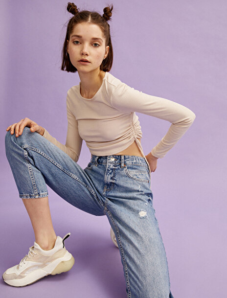 Koton Ole Genç Kız Mom Jean - Pamuklu Normal Bel Dar Kesim Dar Paça Pantolon