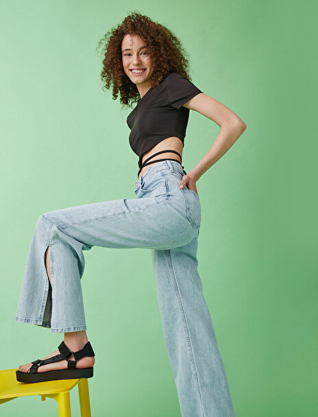 Koton Kadın Yırtmaçlı Jean Pantolon Geniş Paça