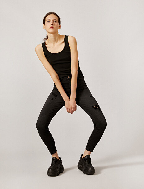 Koton Ole Genç Kız Yüksek Bel Dar Kesim Dar Paça Yırtık Kot Pantolon - Carmen Jean