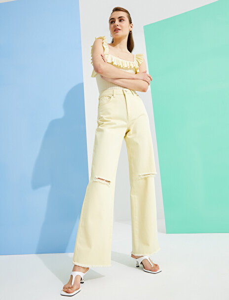 Koton Ole Genç Kız Bol Paçalı Yüksek Bel Yırtık Kot Pantolon