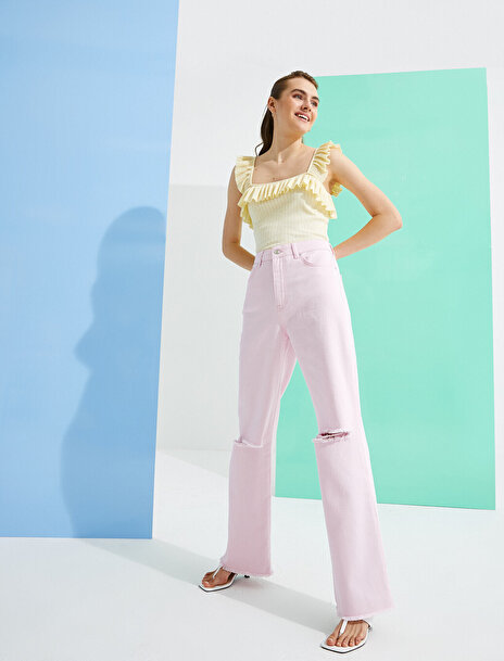 Koton Kadın Bol Paçalı Yüksek Bel Yırtık Kot Pantolon