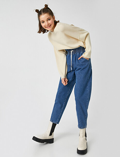 Koton Ole Genç Kız Pamuklu Yüksek Bel Beli Bağlamalı Jean Pantolon