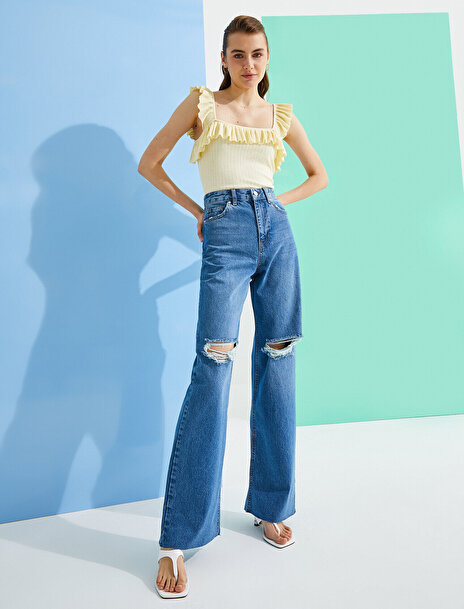 Koton Ole Genç Kız Yüksek Bel Jean Pantolon Diz Detaylı Pamuklu