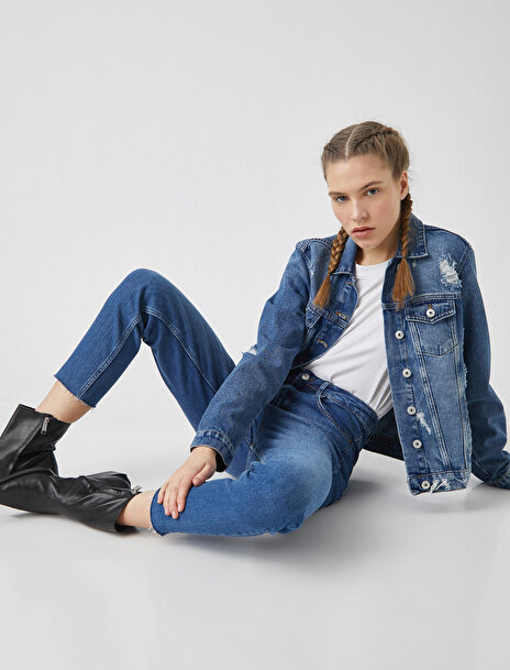 Koton Ole Genç Kız Pamuklu Mom Slim Jean - Yüksek Bel Hafif Dar Kesim Dar Paça Pantolon