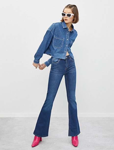 Koton Kadın Pamuklu Yüksek Bel Victoria Jean - İspanyol Paça Pantolon