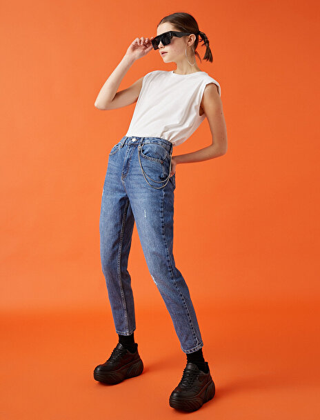 Koton Kadın Pamuklu Mom Jean - Normal Bel Dar Kesim Dar Paça Pantolon