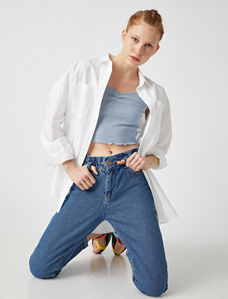 Koton Kadın Yüksek Bel Mom Jean  Dar Kesim Dar Paça Pantolon Pamuklu