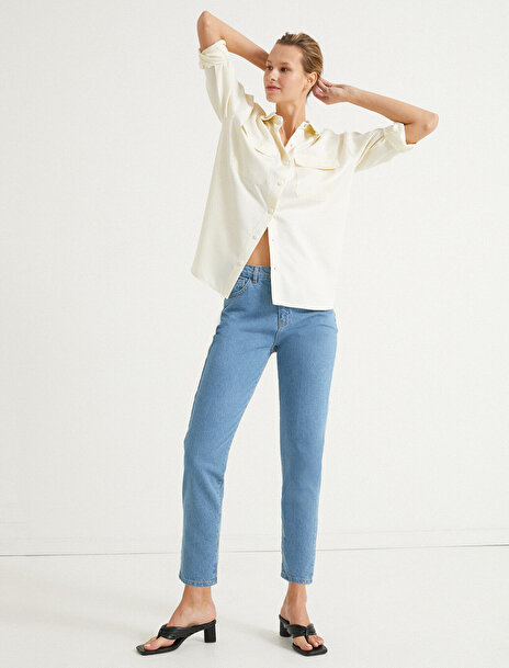 Koton Kadın Pamuklu Yüksek Bel Mom Jean - Normal Bel Dar Kesim Dar Paça Pantolon