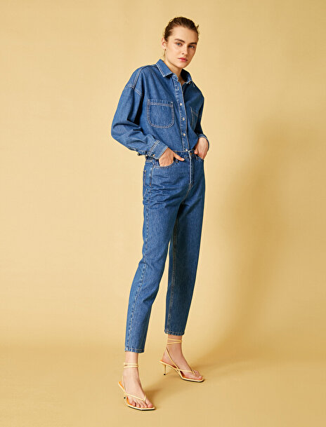 Koton Kadın Pamuklu Yüksek Bel Mom Jean - Normal Bel Dar Kesim Dar Paça Pantolon