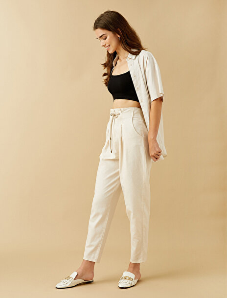 Koton Kadın Keten Pantolon Belden Bağlamalı