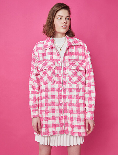 Koton Kadın Vatkalı Ceket Kareli 3/4 Kol Cepli Oversize