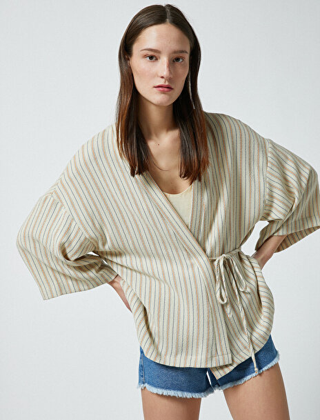 Koton Kadın Çizgili Kimono Belden Bağlamalı