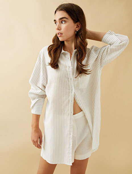 Koton Kadın Çizgili Gömlek Keten Oversize