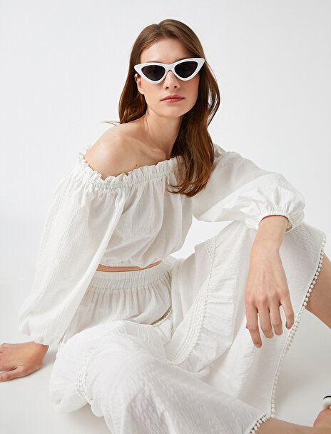 Koton Kadın Crop Bluz Omuz Açik Uzun Kollu