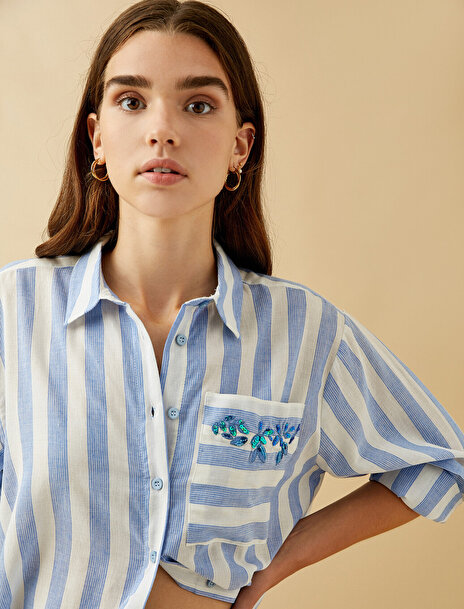 Koton Kadın El Emeği Gömlek Nakışlı Çizgili Pamuklu Oversize