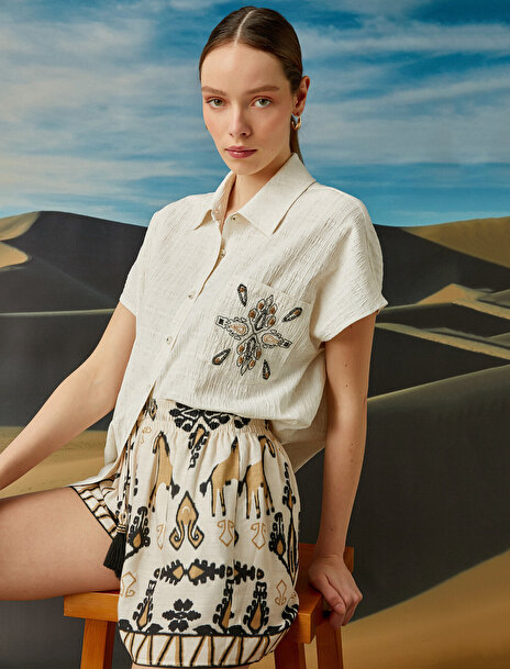 Koton Kadın Kısa Kollu Gömlek Boncuklu