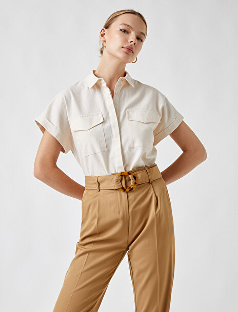 Koton Kadın Cepli Keten Karışımlı Kısa Kollu Shirt