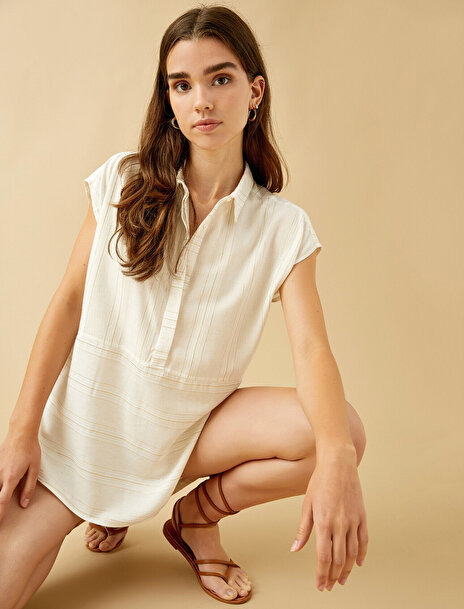 Koton Kadın Gömlek Yaka Parlak Çizgili Kısa Kollu Bluz