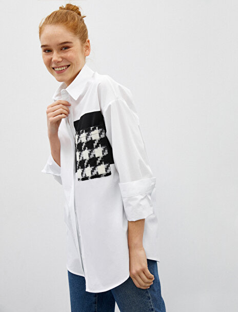 Koton Kadın Oversize Gömlek Poplin  Ekoseli Cepli Pamuklu