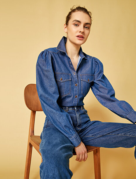 Koton Kadın %100 Pamuk Balon Kollu Jean Gömlek Koton Kadın %100 Pamuk Balon Kollu Jean Gömlek