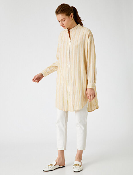 Koton Kadın Çizgili Tunik Hakim Yaka Pamuklu