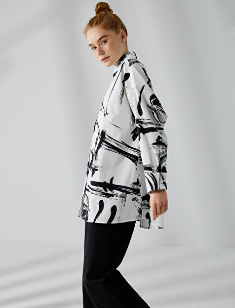 Koton Kadın Gömlek Yaka Tunik Desenli Pamuklu Oversize