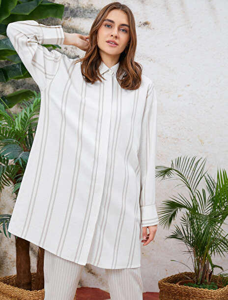 Koton Kadın Çizgili Tunik Gömlek Yaka Oversize
