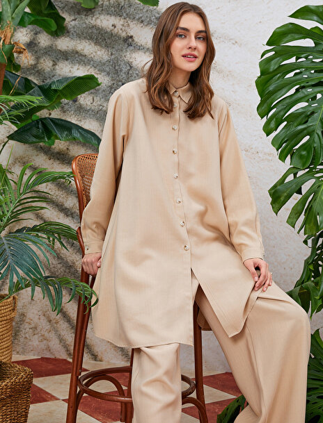 Koton Kadın Gömlek Yaka Tunik Düğmeli Uzun Kollu Oversize