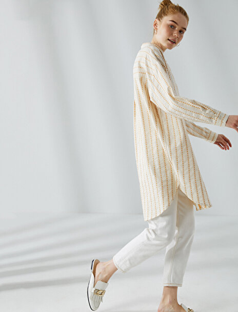 Koton Kadın Gömlek Yaka Tunik Desenli Pamuklu Oversize