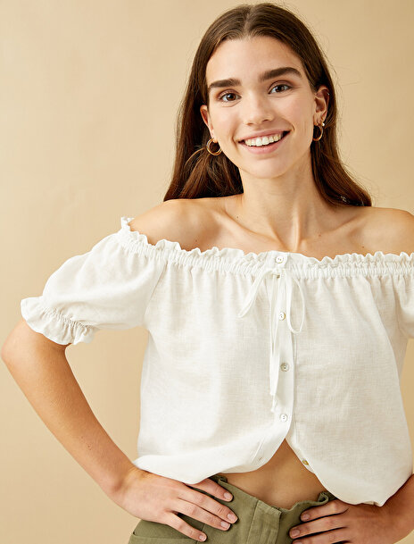 Koton Kadın Omuz Açık Gömlek Kısa Kollu Fırfırlı