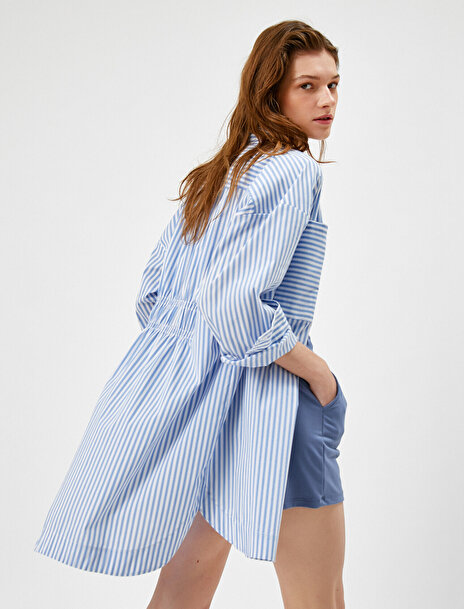 Koton Kadın Gömlek Yaka Tunik Çizgili Cepli Pamuklu