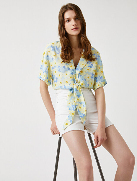 Koton Kadın Çiçekli Gömlek Kısa Kollu Belden Bağlamalı
