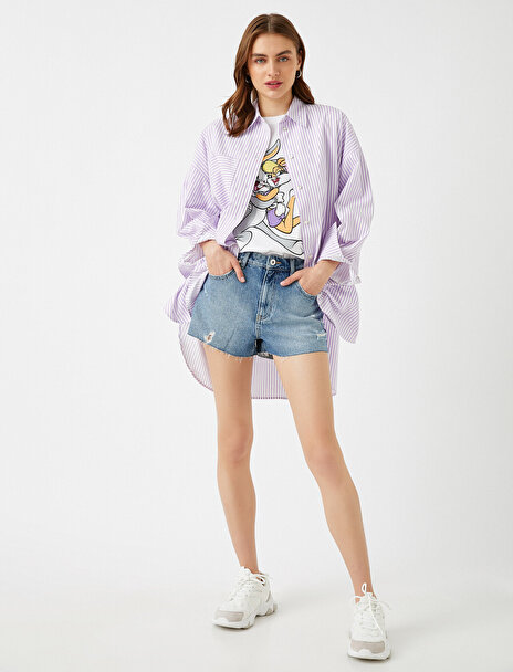 Koton Kadın Çizgili Gömlek Cepli Pamuklu Oversize