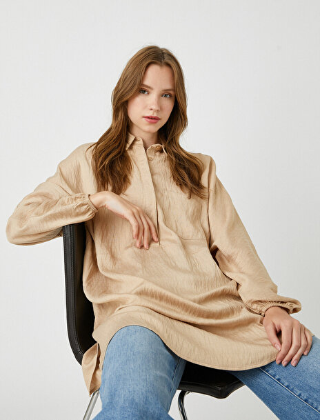 Koton Kadın Gömlek Yaka Tunik Düğmeli 3/4 Kol Oversize