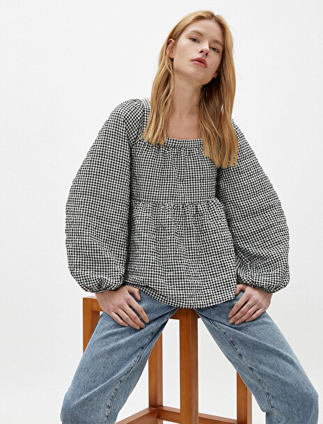 Koton Kadın Kareli Bluz Balon Kollu Kare Yaka