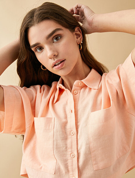 Koton Kadın Keten Gömlek Kısa Kollu