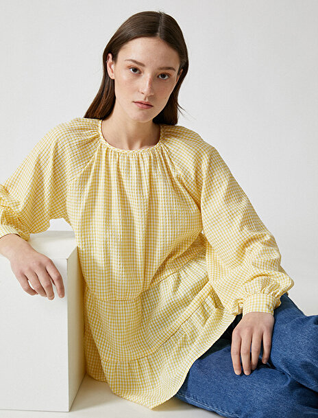 Koton Kadın Kareli Bluz Bisiklet Yaka