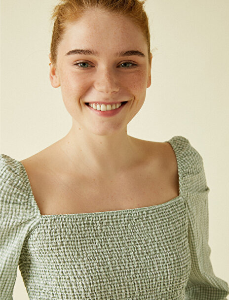 Koton Kadın Kareli Bluz Kare Yaka Pamuklu