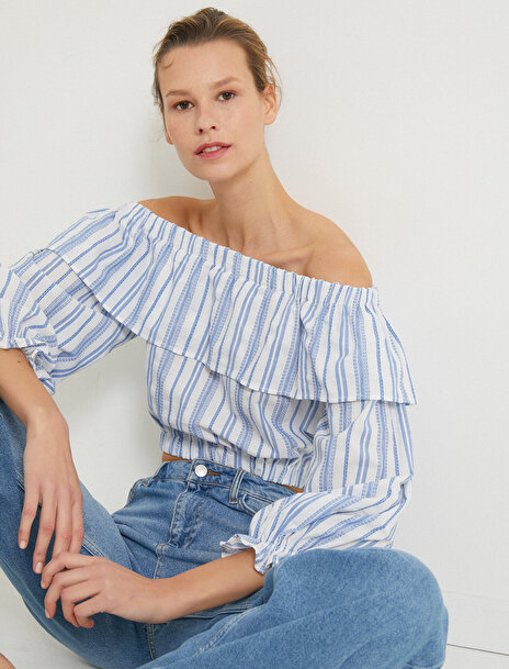 Koton Kadın Omuz Açık Bluz Çizgili Pamuklu
