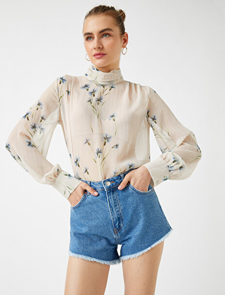 Koton Kadın Çiçekli Bluz Tül Dik Yaka Uzun Kollu
