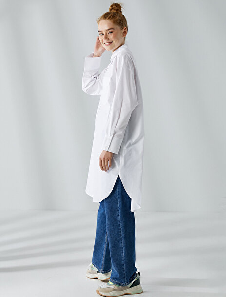 Koton Kadın Gömlek Yaka Tunik Uzun Kollu Pamuklu Oversize
